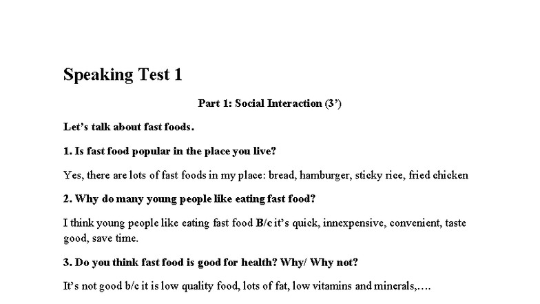 Speaking Test AVCB: Fast Food, Health, and Environmental Awareness ...