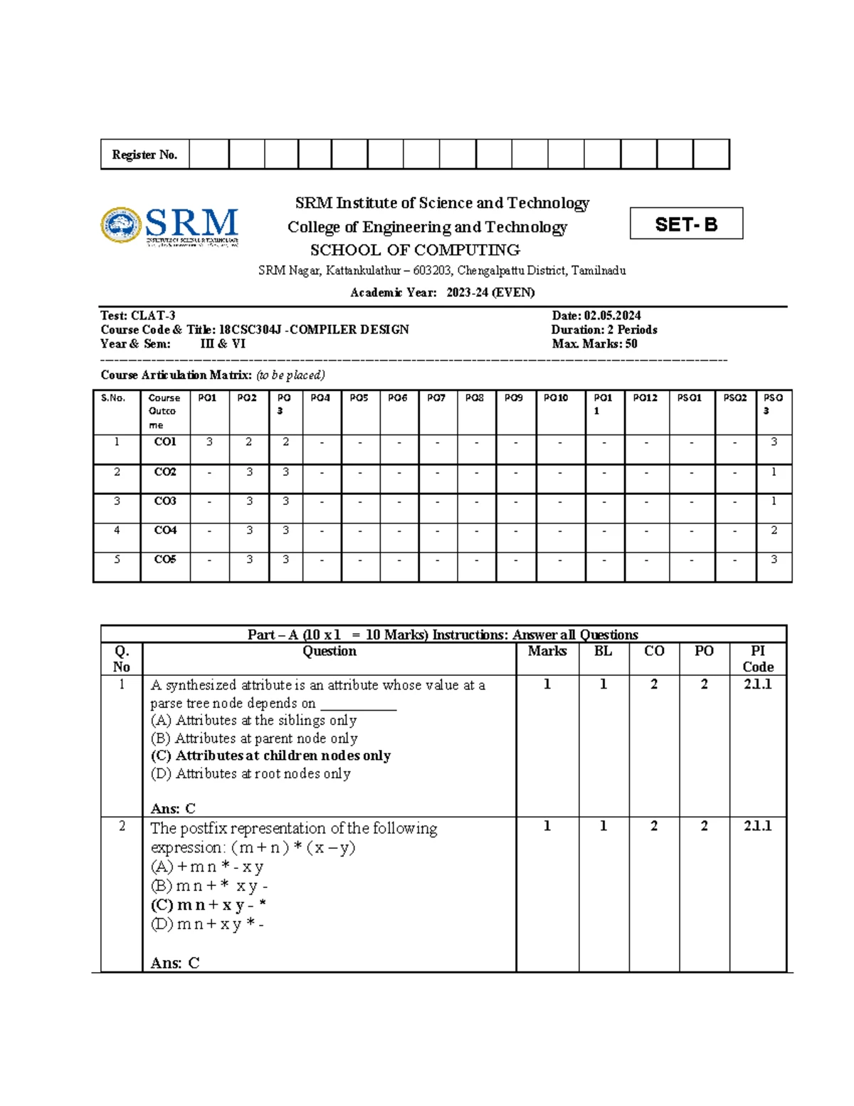 CT1-18CSC304J-Compiler Design Set A Answer Key for CLAT-1 Exam - Studocu