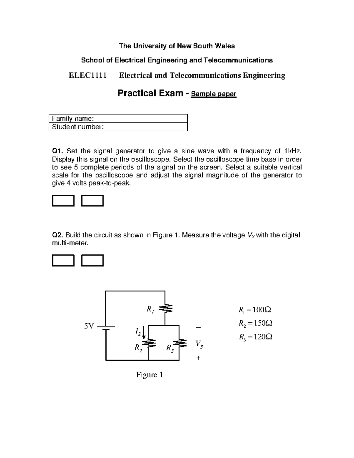 ELEC1111 Sample Practical Lab Exam - Oscilloscope & Circuit Tests - Studocu
