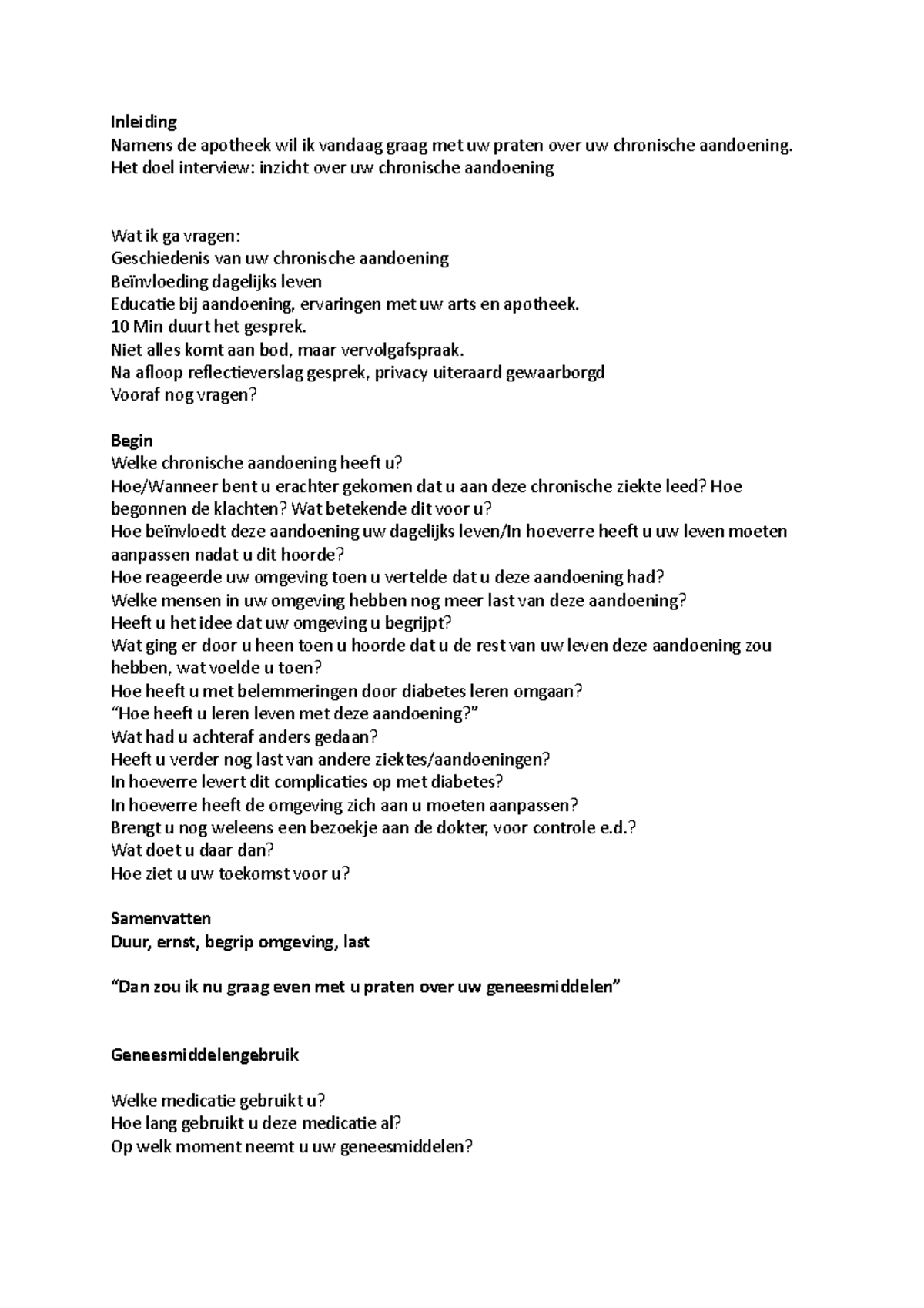 Interviewschema voor Chronische Aandoeningen en Geneesmiddelgebruik ...