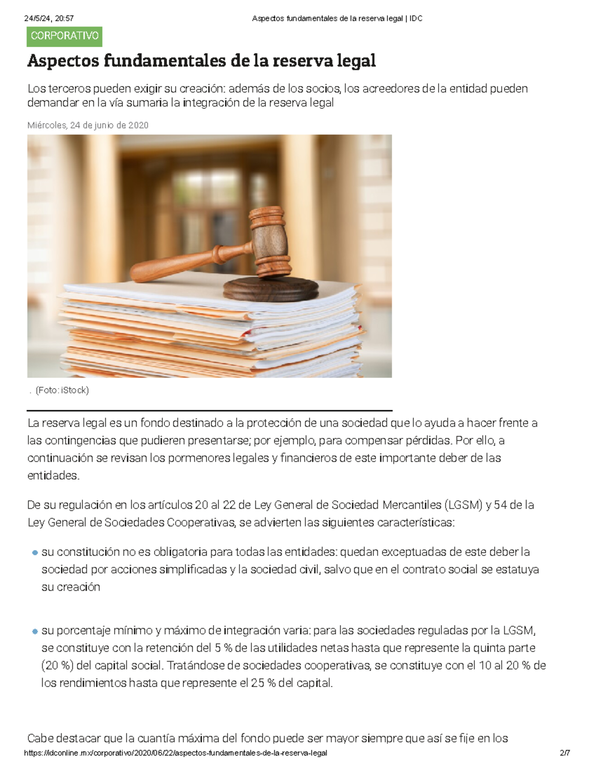 Aspectos Clave de la Reserva Legal en Entidades - IDC 2020 - Studocu