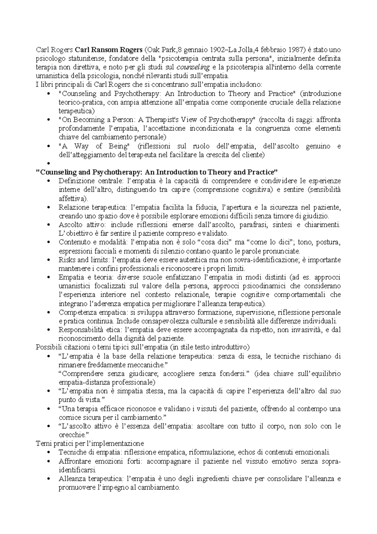 Spunti su Carl Rogers: Fondamenti della Terapia Umanistica - Studocu