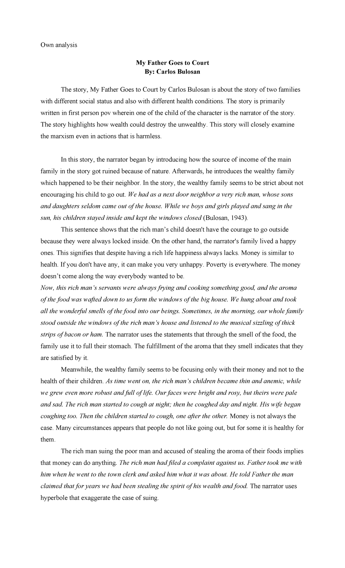 MY Father GOES TO Court: A Critical Analysis of Bulosan's Work - Studocu