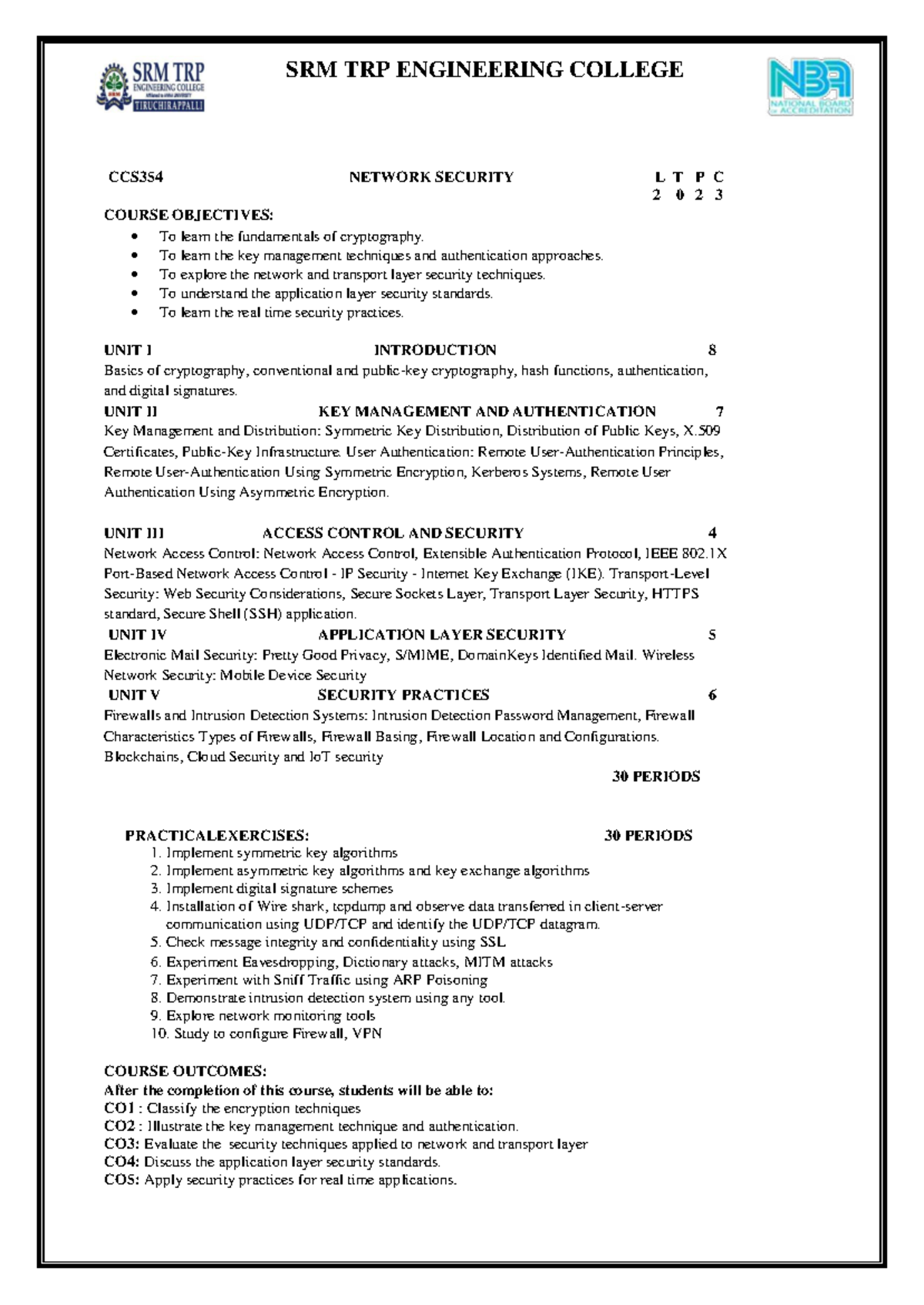 CCS354 Network Security Syllabus - SRM TRP Engineering College - Studocu