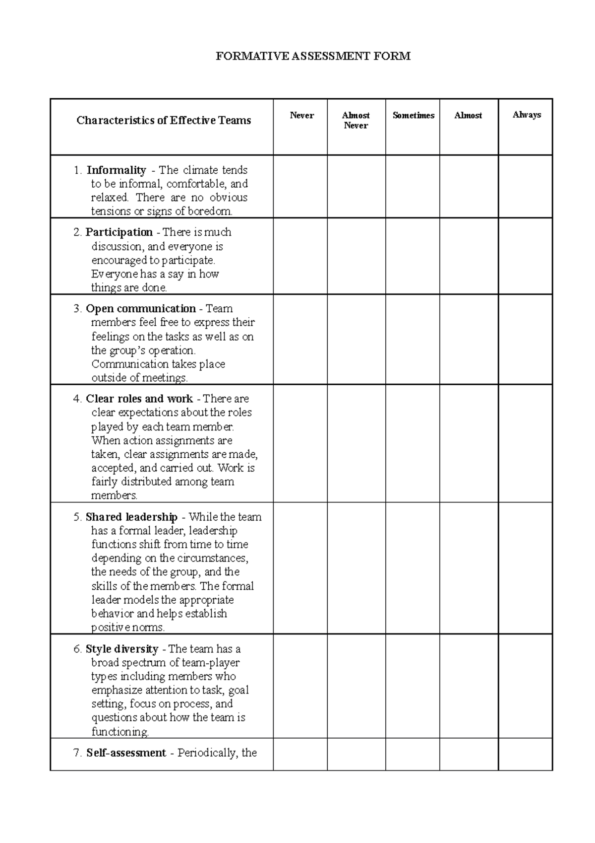 Formative assess - FORMATIVE ASSESSMENT FORM Characteristics of ...
