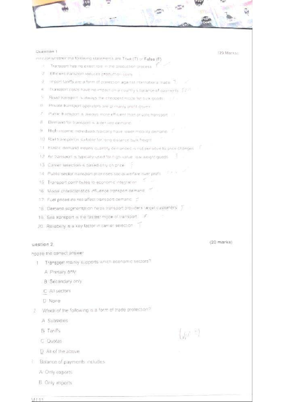 Transport Economics Quiz (120 Marks) - True/False & Multiple Choice ...