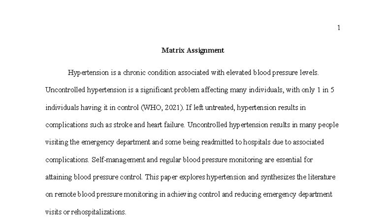 Matrix Assignment - Hypertension Management and Remote Monitoring - Studocu
