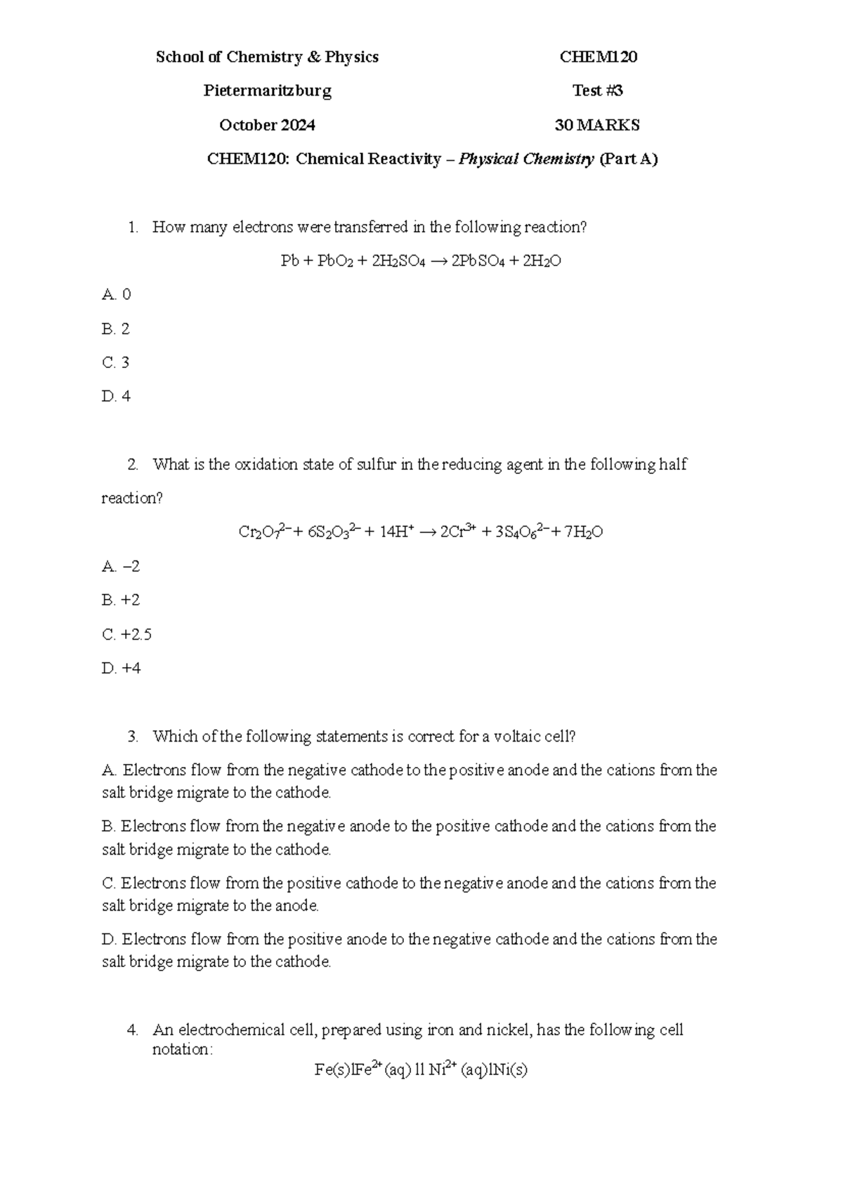 CHEM120: Practice Test for Chemical Reactivity - October 2024 - Studocu