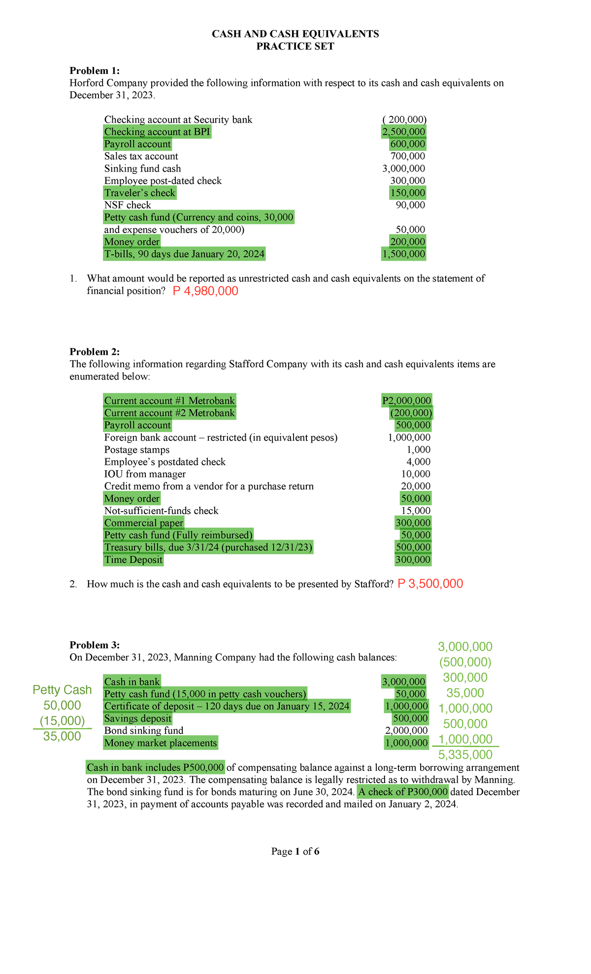 Cash and Cash Equivalents Practice Set with Problems for Review - Studocu