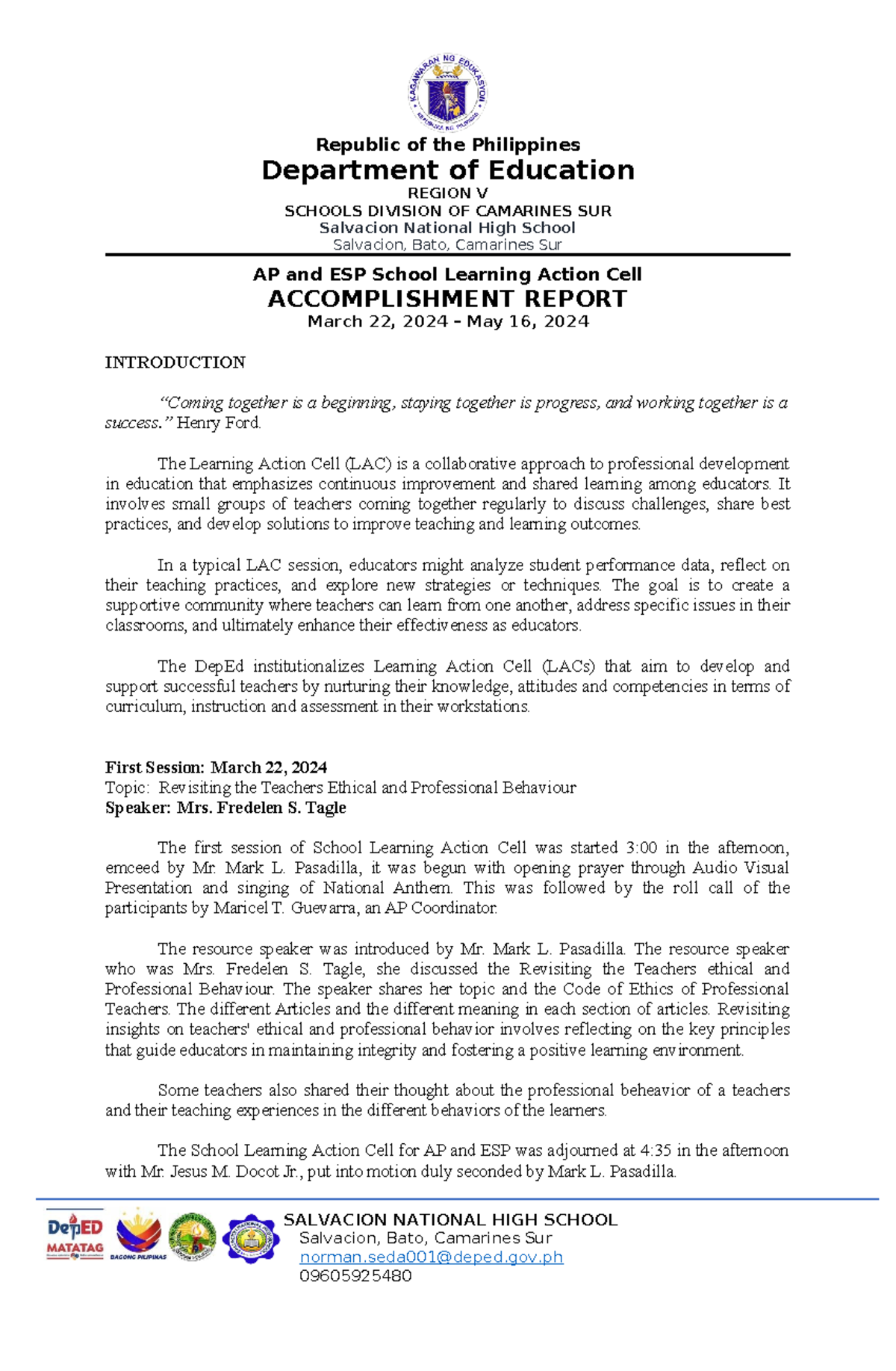 Accomplishment Report: School Learning Action Cell for AP and ESP (2024 ...