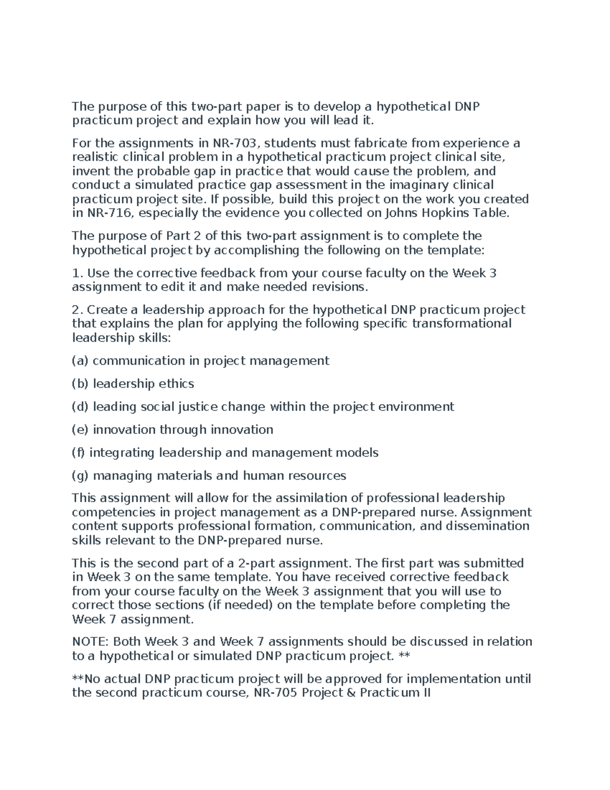 Week 7 NR-703 Assignment: Hypothetical DNP Practicum Project Part 2 - Studocu