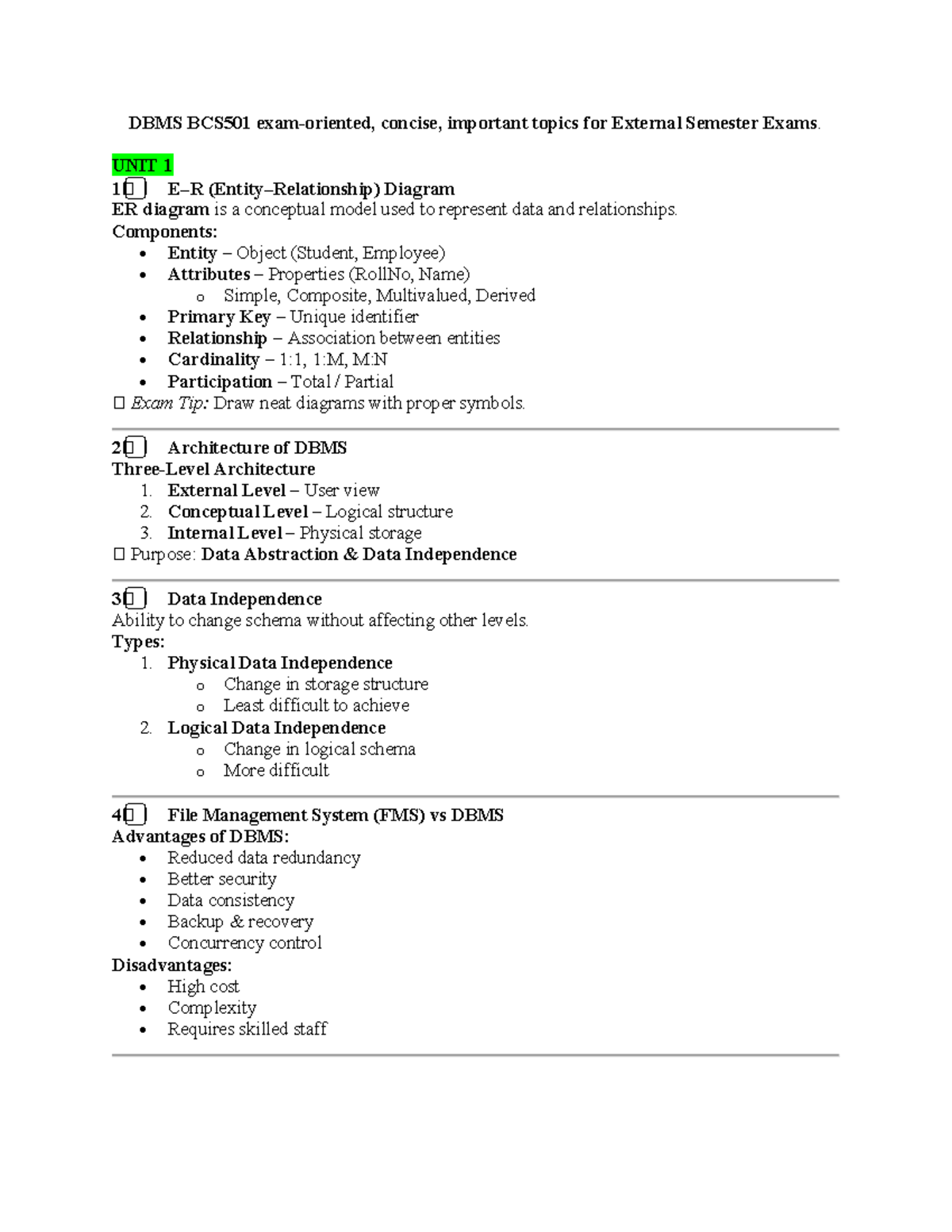 DBMS BCS501 Exam-Oriented Study Guide: Key Topics & Tips - Studocu