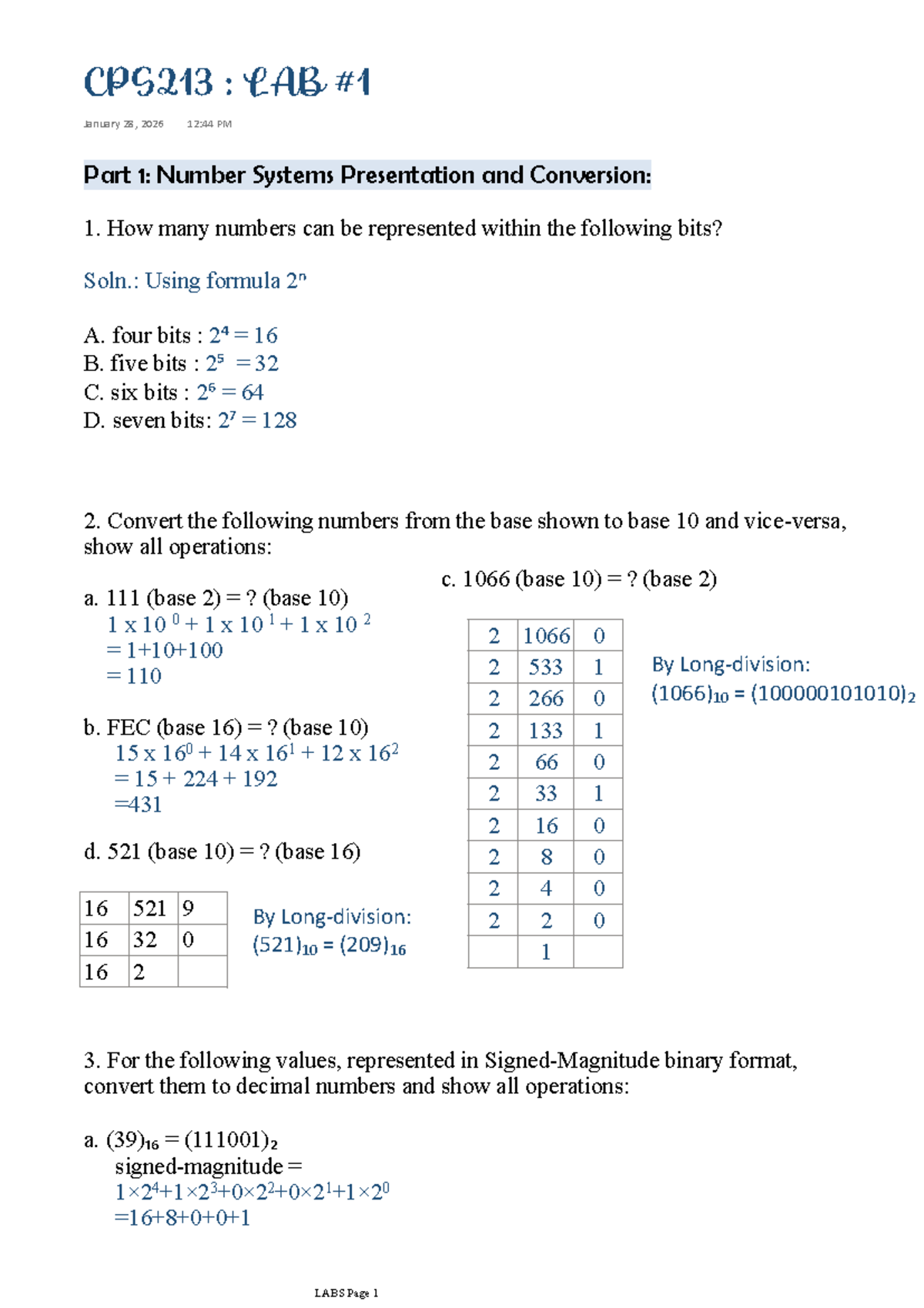 CPS213: Lab Assignment 1 - Number Systems & Conversions - Studocu
