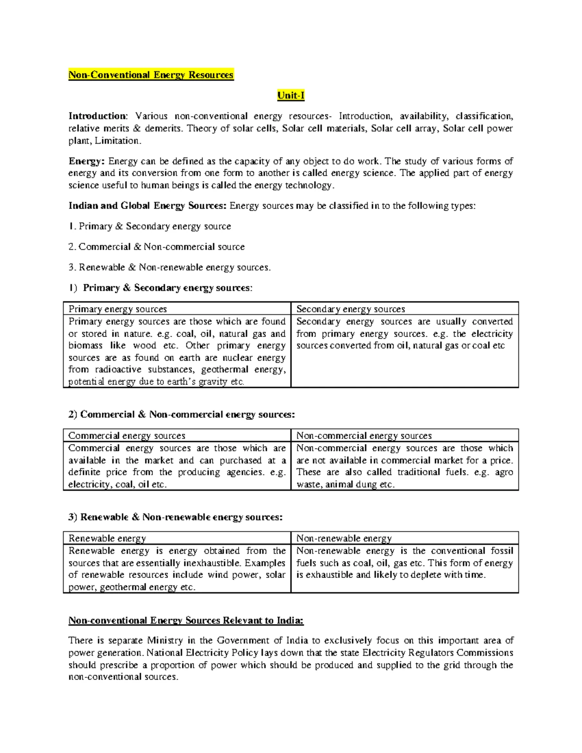 Renewable Energy Resources: Assignment 1 for EE 101 - Studocu