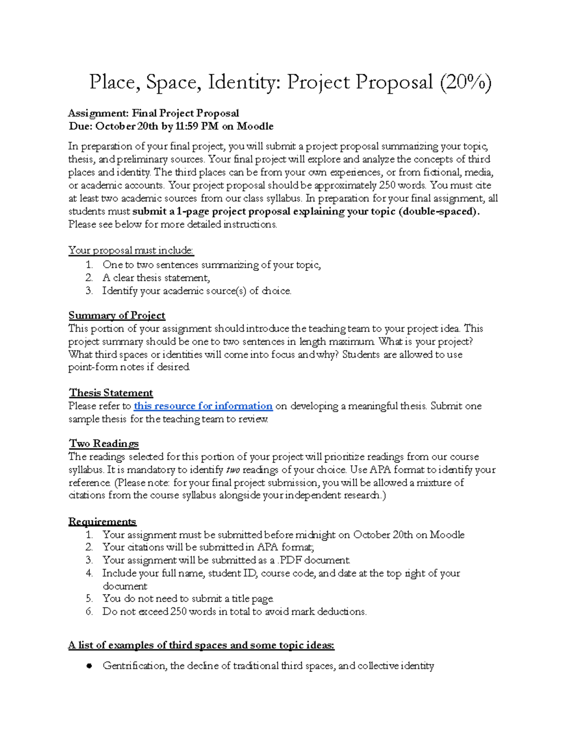 Project Proposal Assignment: Place, Space, Identity (Final) - Studocu