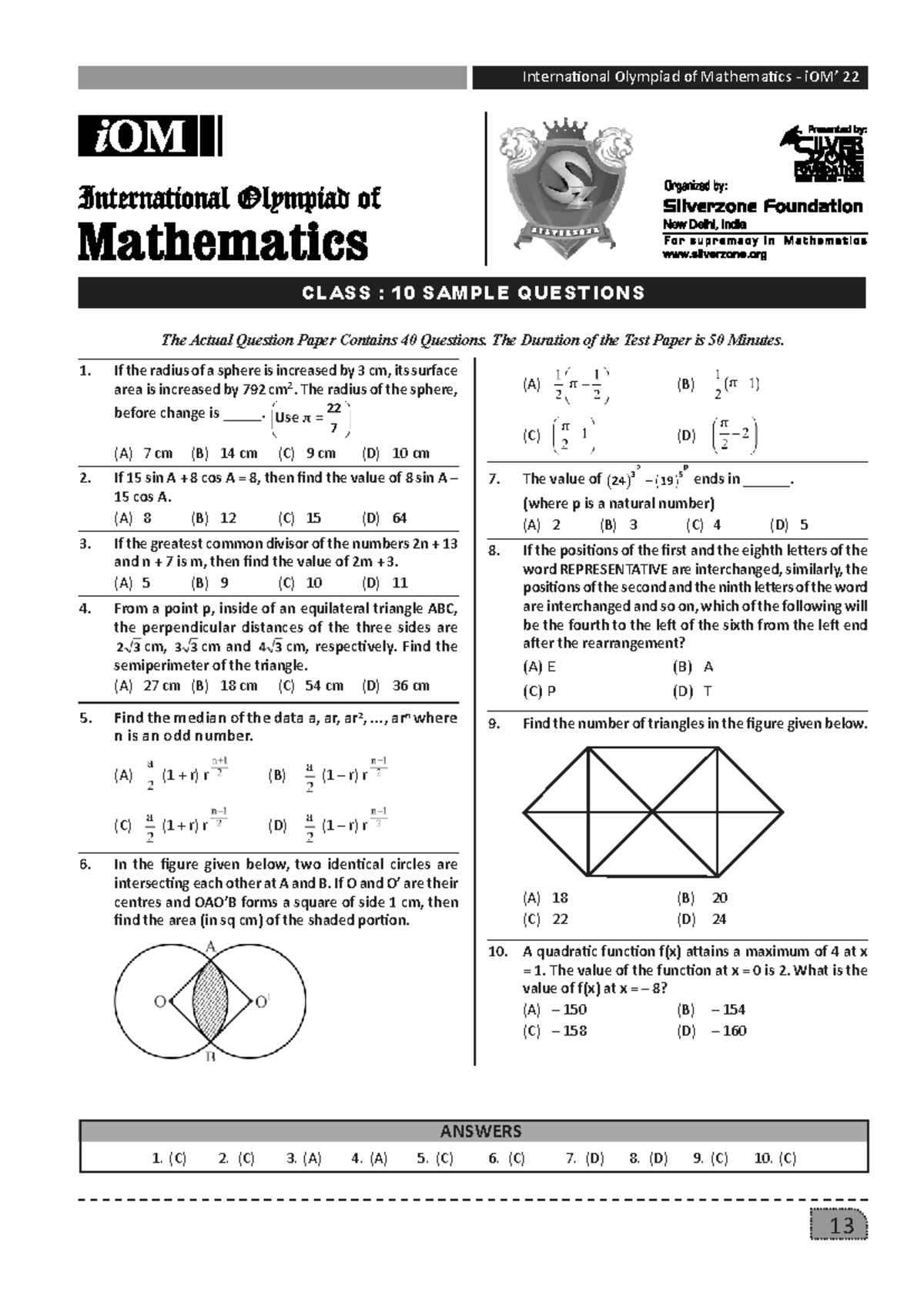 IOM Class 10 Sample Questions & Answers for Mathematics Olympiad - Studocu