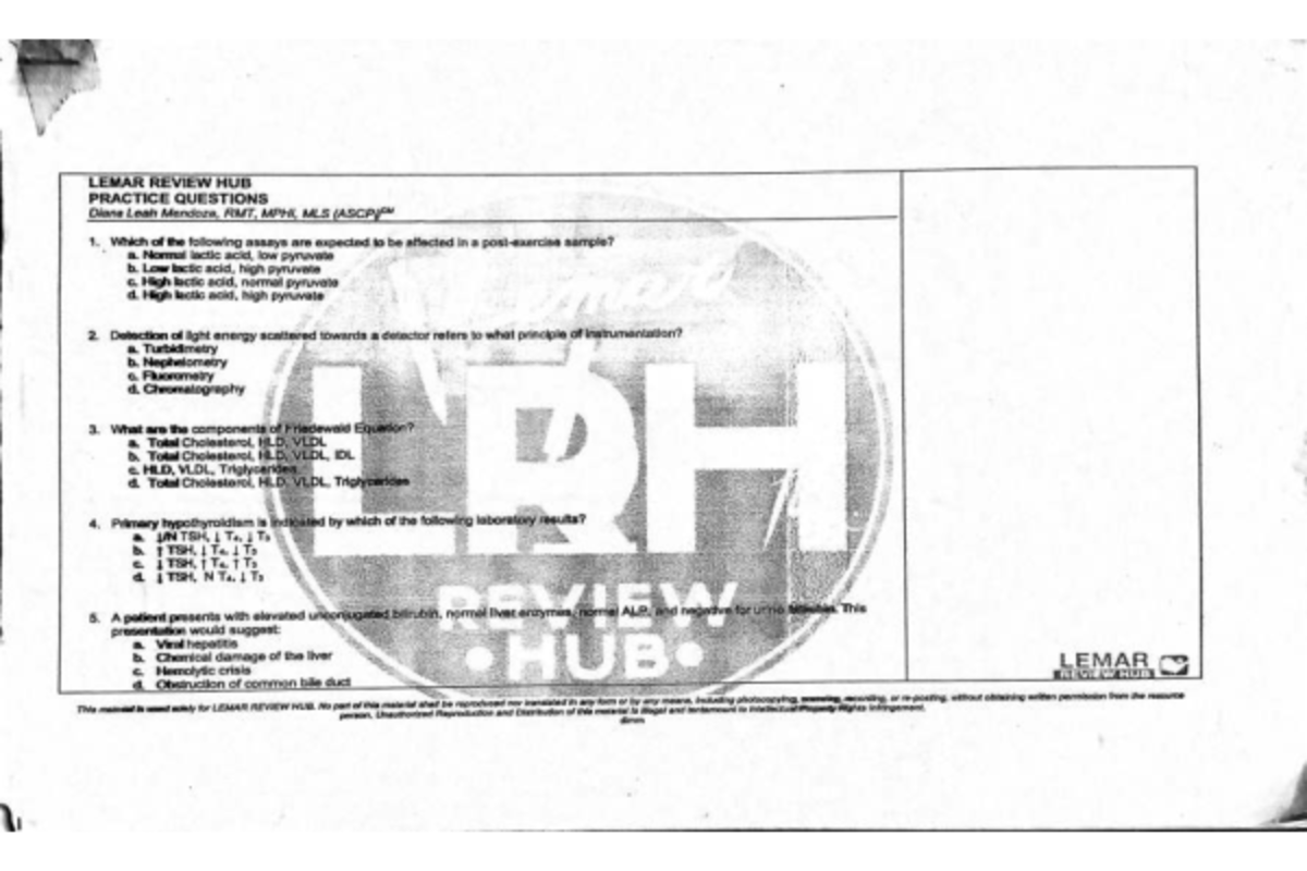 Practice Questions for LEMAR REVIEW HUB - Studocu