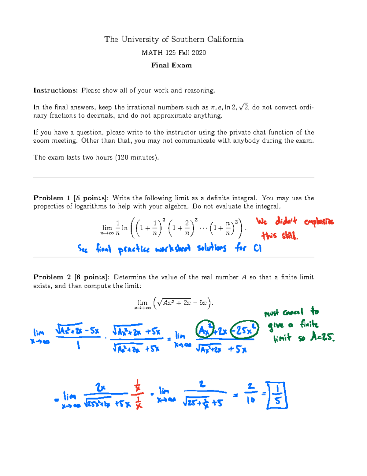 USC MATH 125 Fall 2020 Final Exam Guidelines and Problems - Studocu