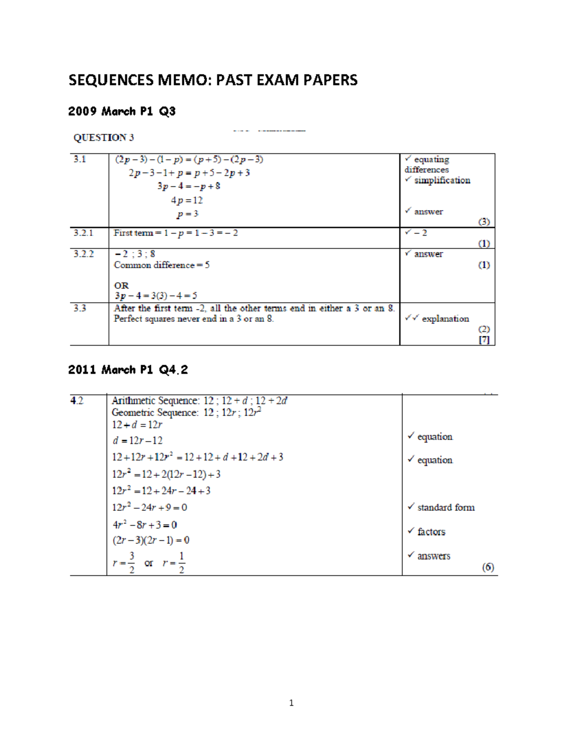 Topic 2-Sequences memo - SEQUENCES MEMO: PAST EXAM PAPERS 2009 March P1 ...