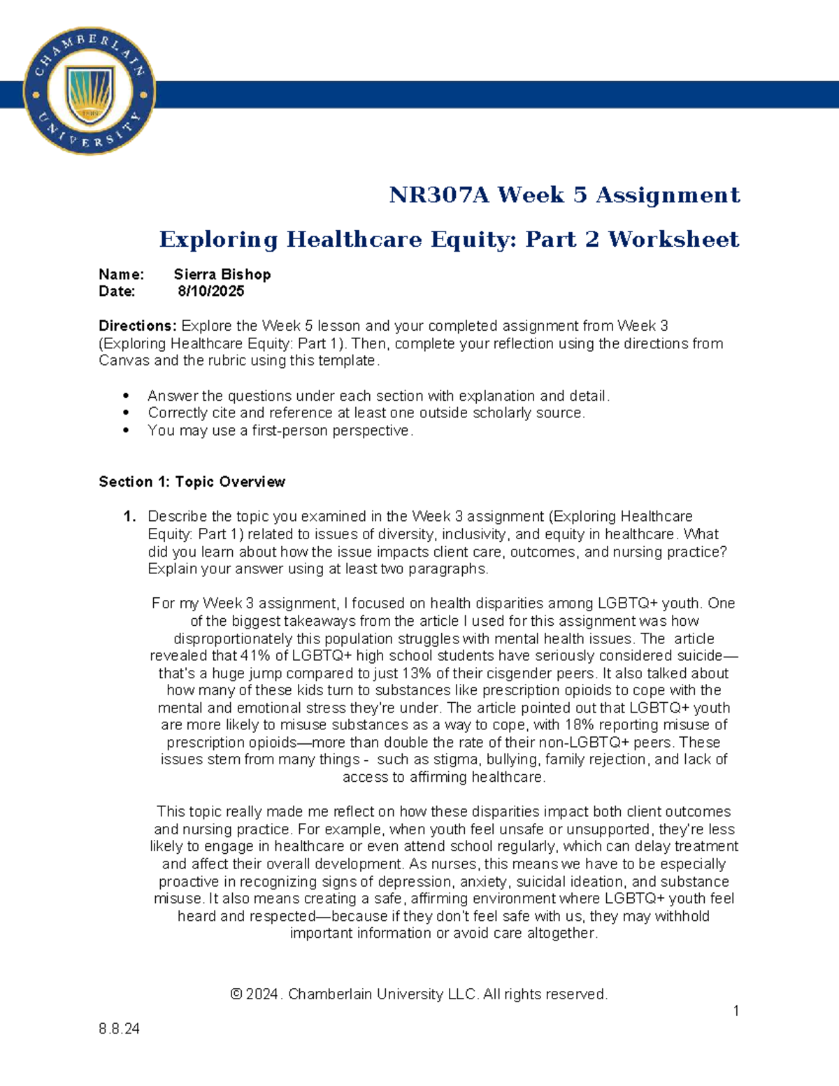 Week 5 NR307A Assignment: Exploring Healthcare Equity Part 2 Reflection ...