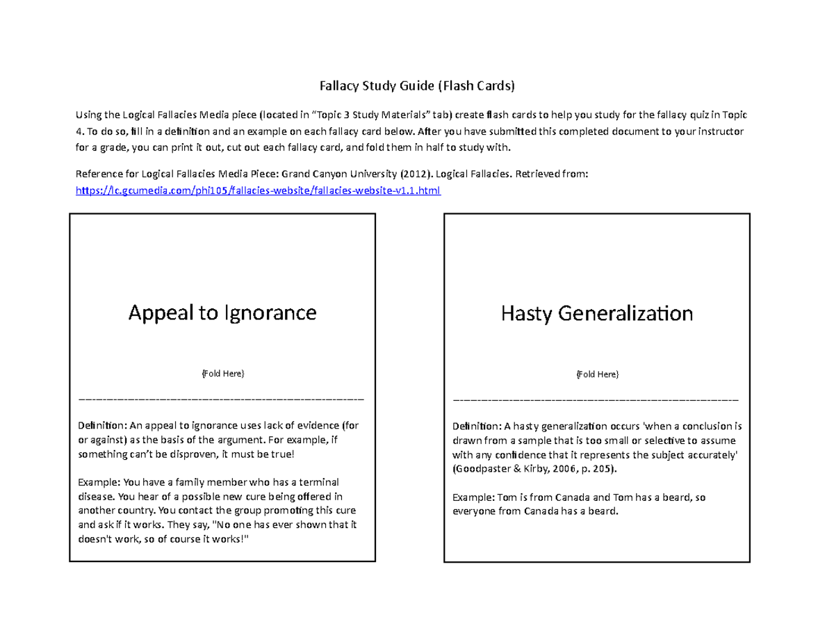 PHI105 T3 Fallacy Quiz Study Guide - Flash Cards for Review - Studocu