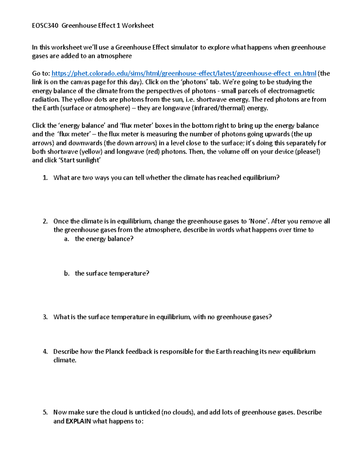 EOSC340 Greenhouse Effect Worksheet: Exploring Climate Equilibrium ...