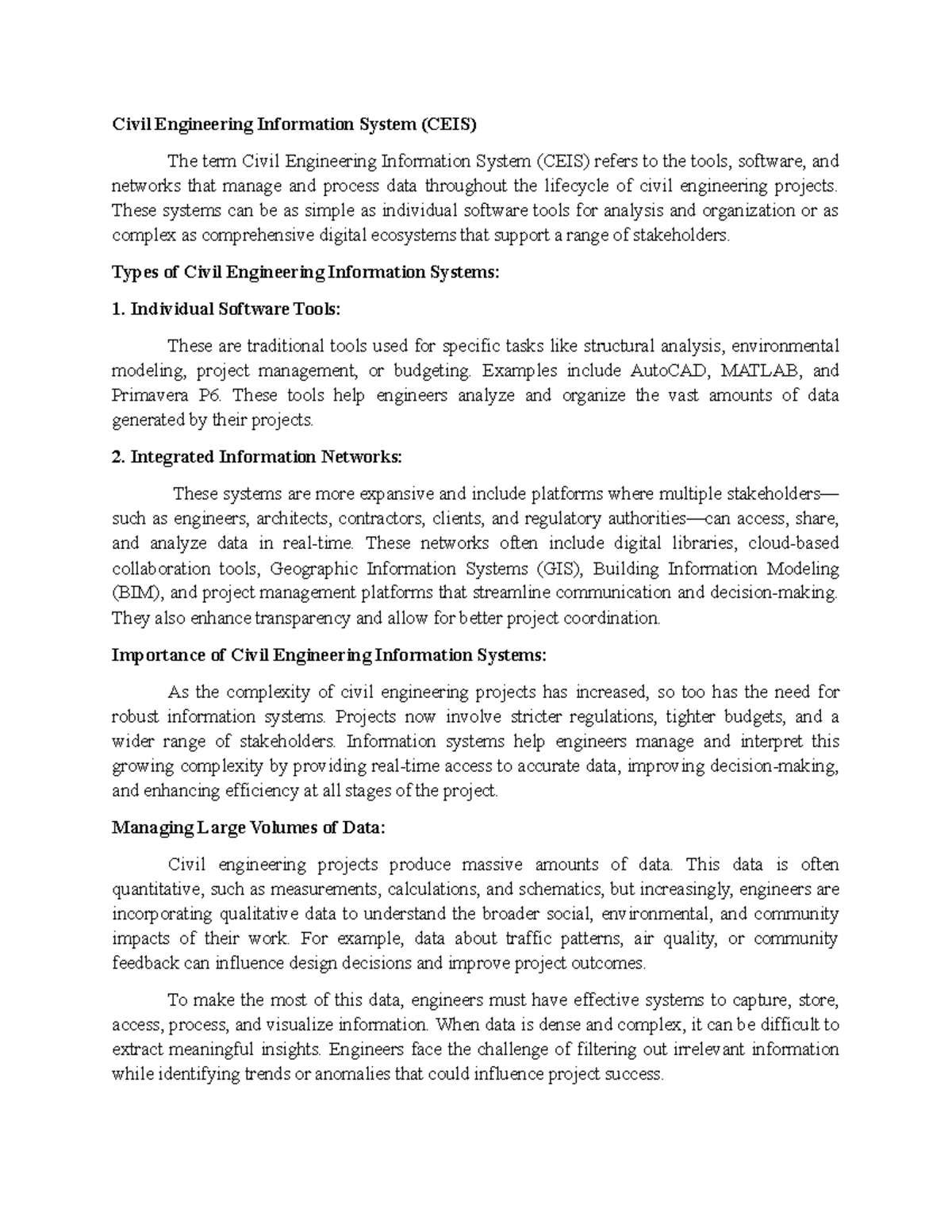CEIS: Understanding Civil Engineering Information Systems & Their ...