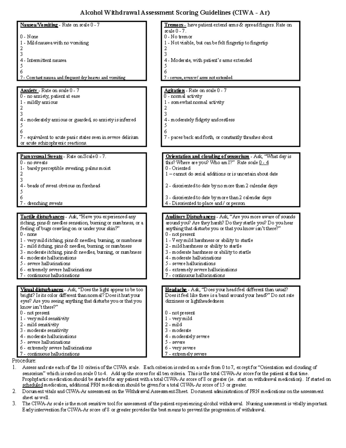 CIWA-Ar Alcohol Withdrawal Assessment Guidelines (Final Exam) - Studocu