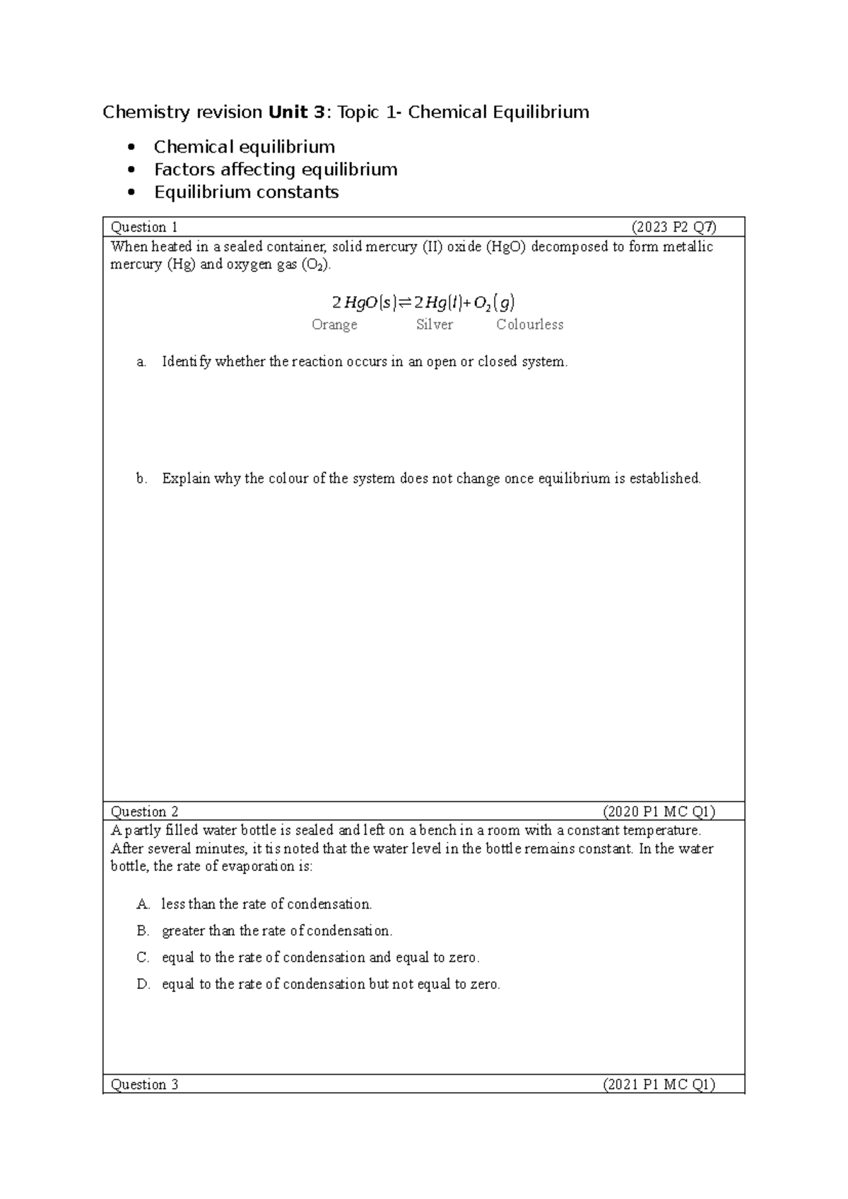 Exam Questions for Chemistry Unit 3: Chemical Equilibrium - Studocu