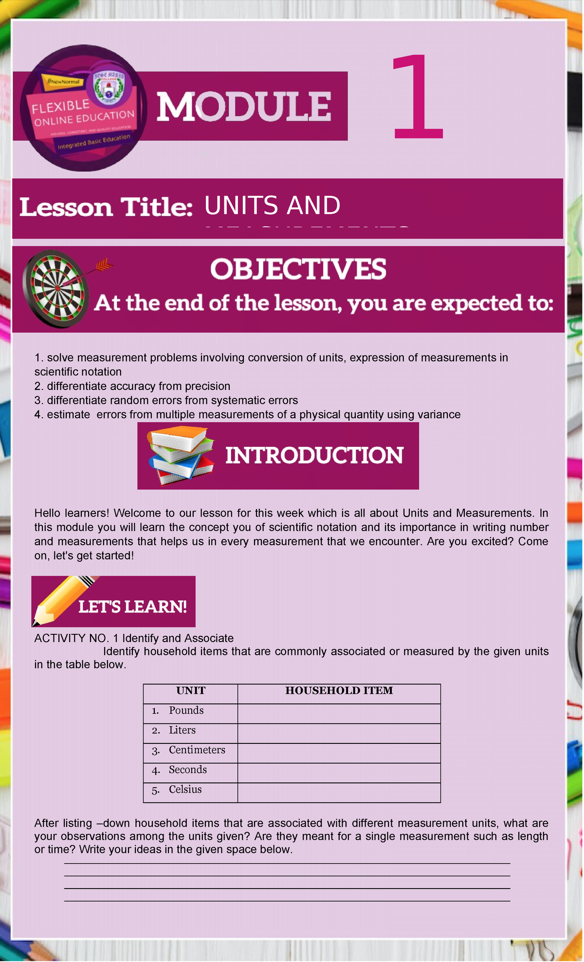 Module 1- Units AND Measurements - 1. solve measurement problems ...