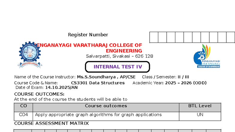 II CSC CS3301 Internal Test IV Question Bank Set 1 - Studocu