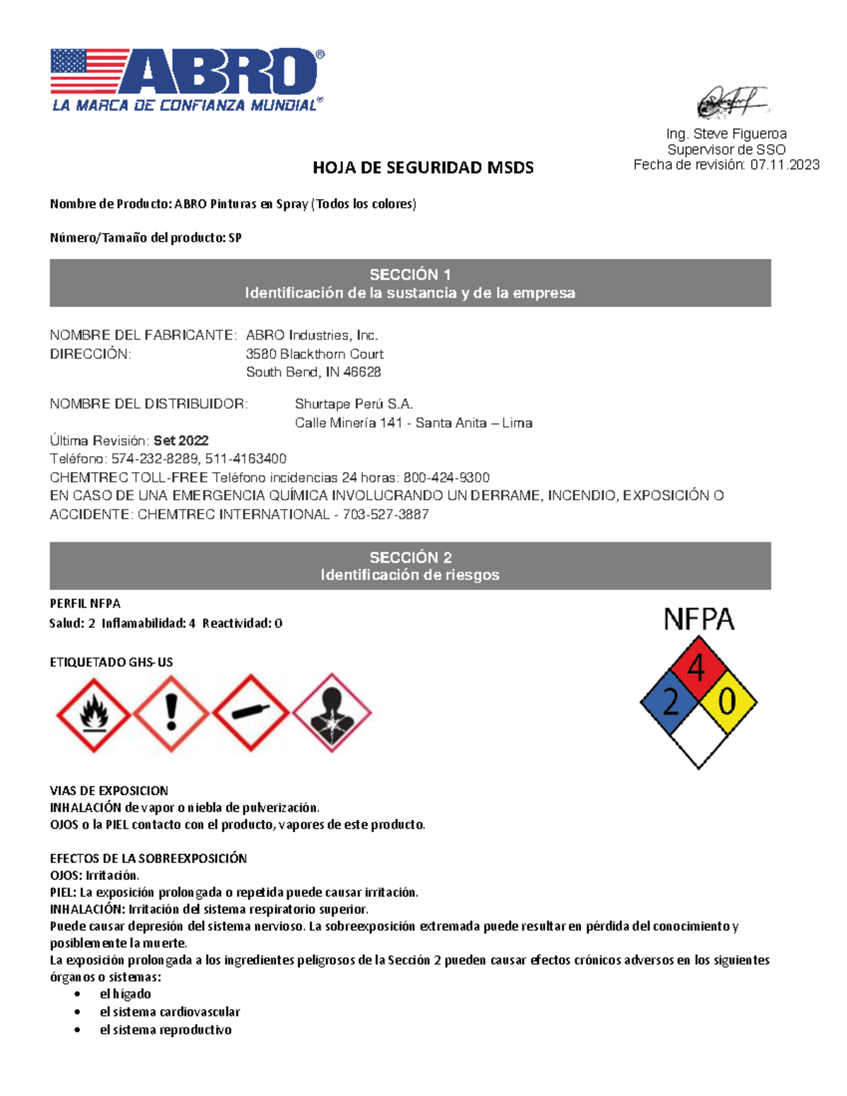 MSDS ABRO Spray Paint Safety Data Sheet (All Colors) - Studocu