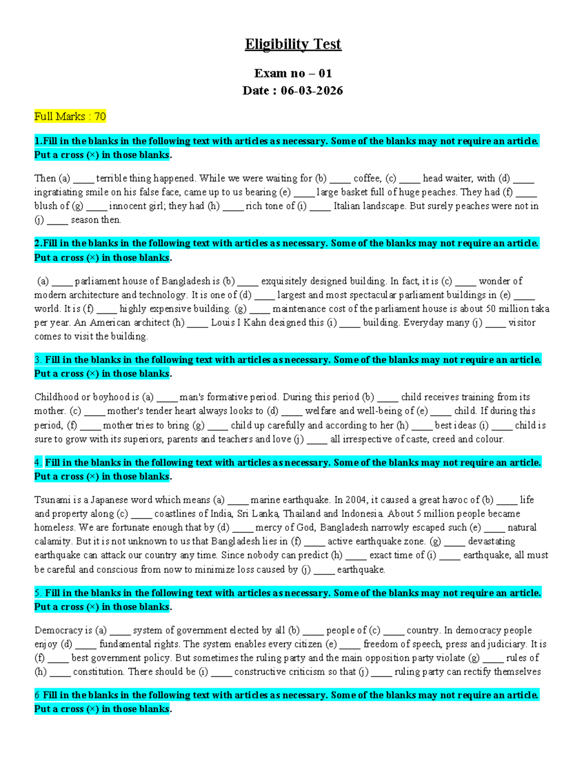 Eligibility Test Exam No. 01: Article Usage Practice - Studocu