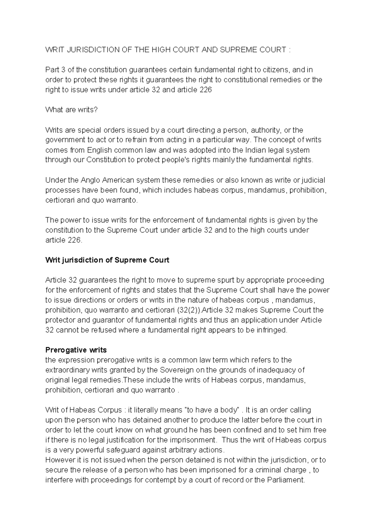 Writ Jurisdiction of High Court & Supreme Court: A Comprehensive Overview - Studocu