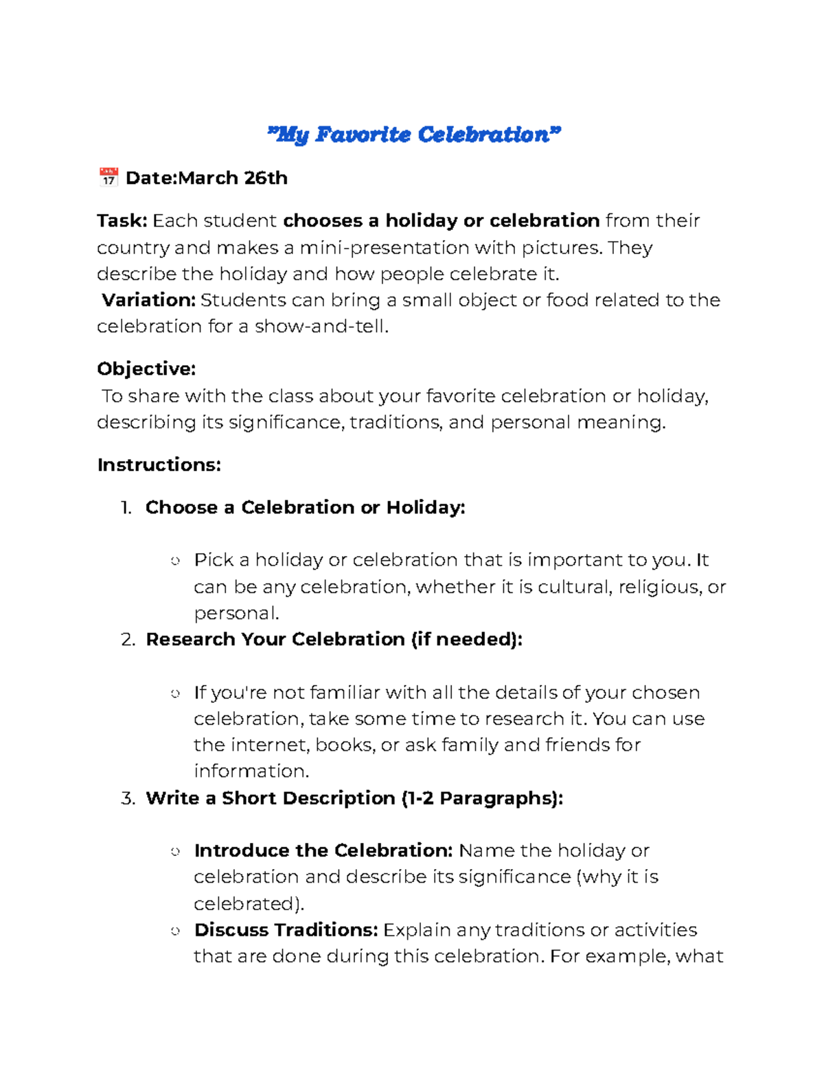 My favorite celebration-project - ”My Favorite Celebration” 📅 Date ...