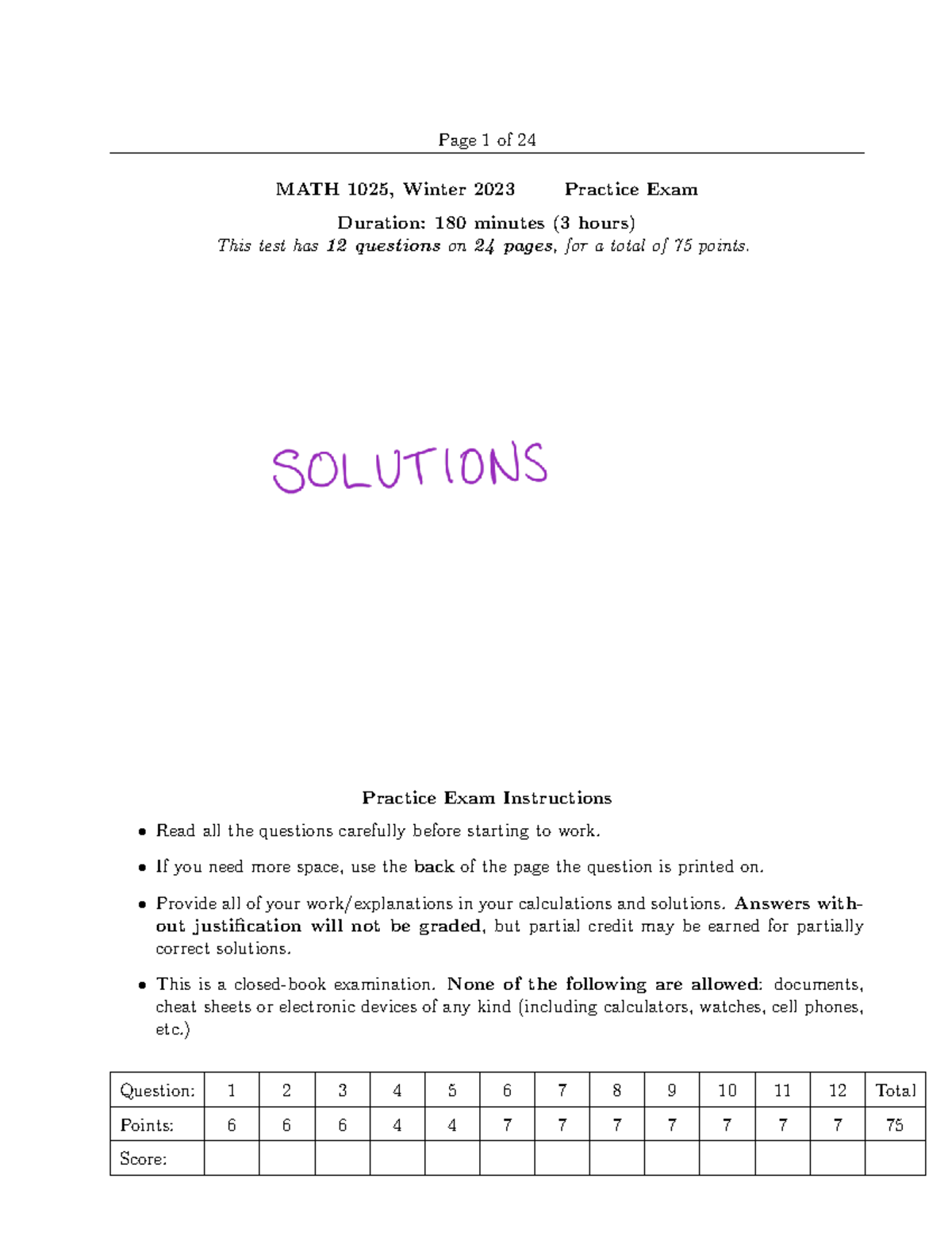 MATH 1025 Winter 2023 Practice Exam Solutions - Studocu