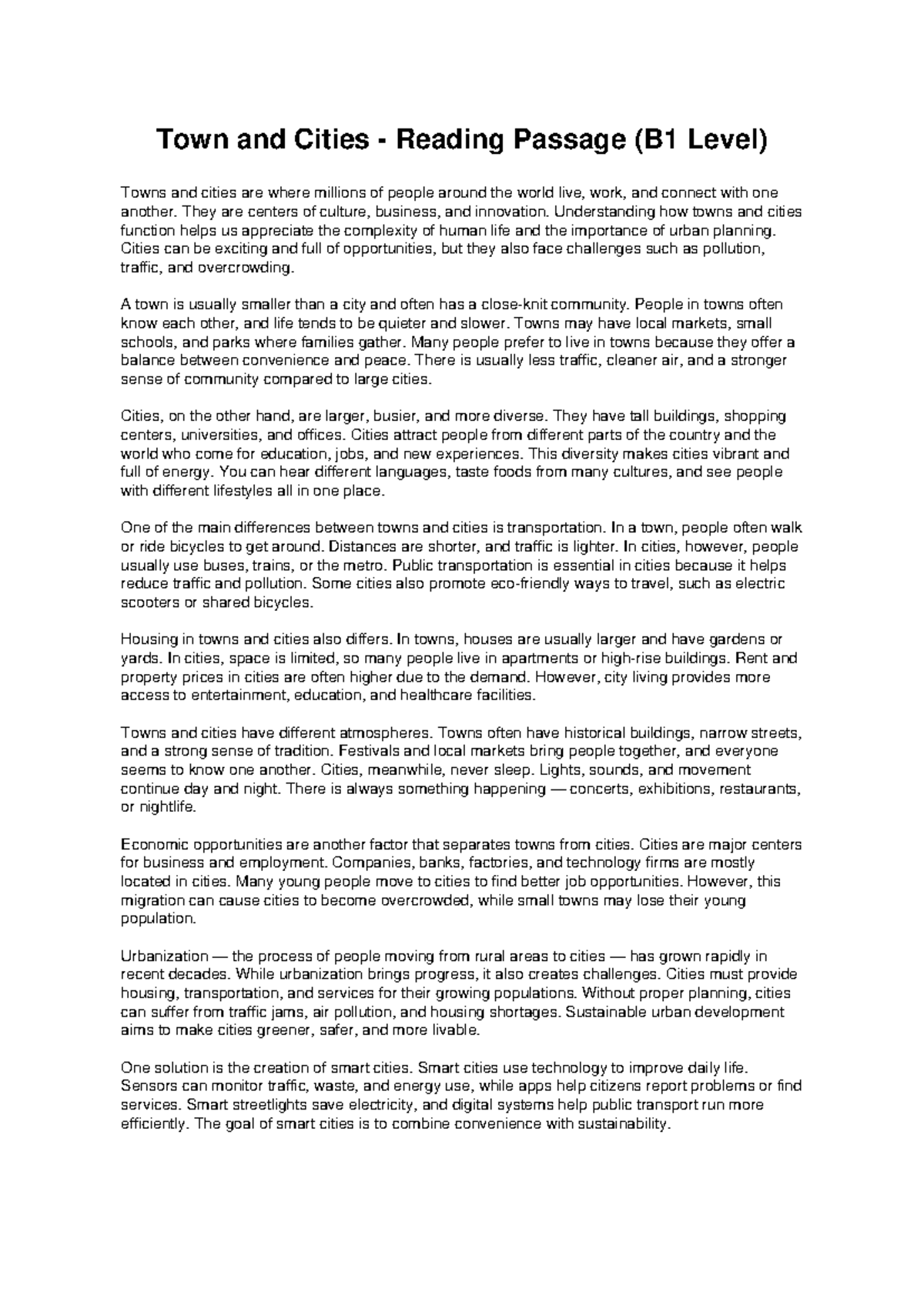 Towns and Cities: A B1 Level Reading Passage Analysis - Studocu