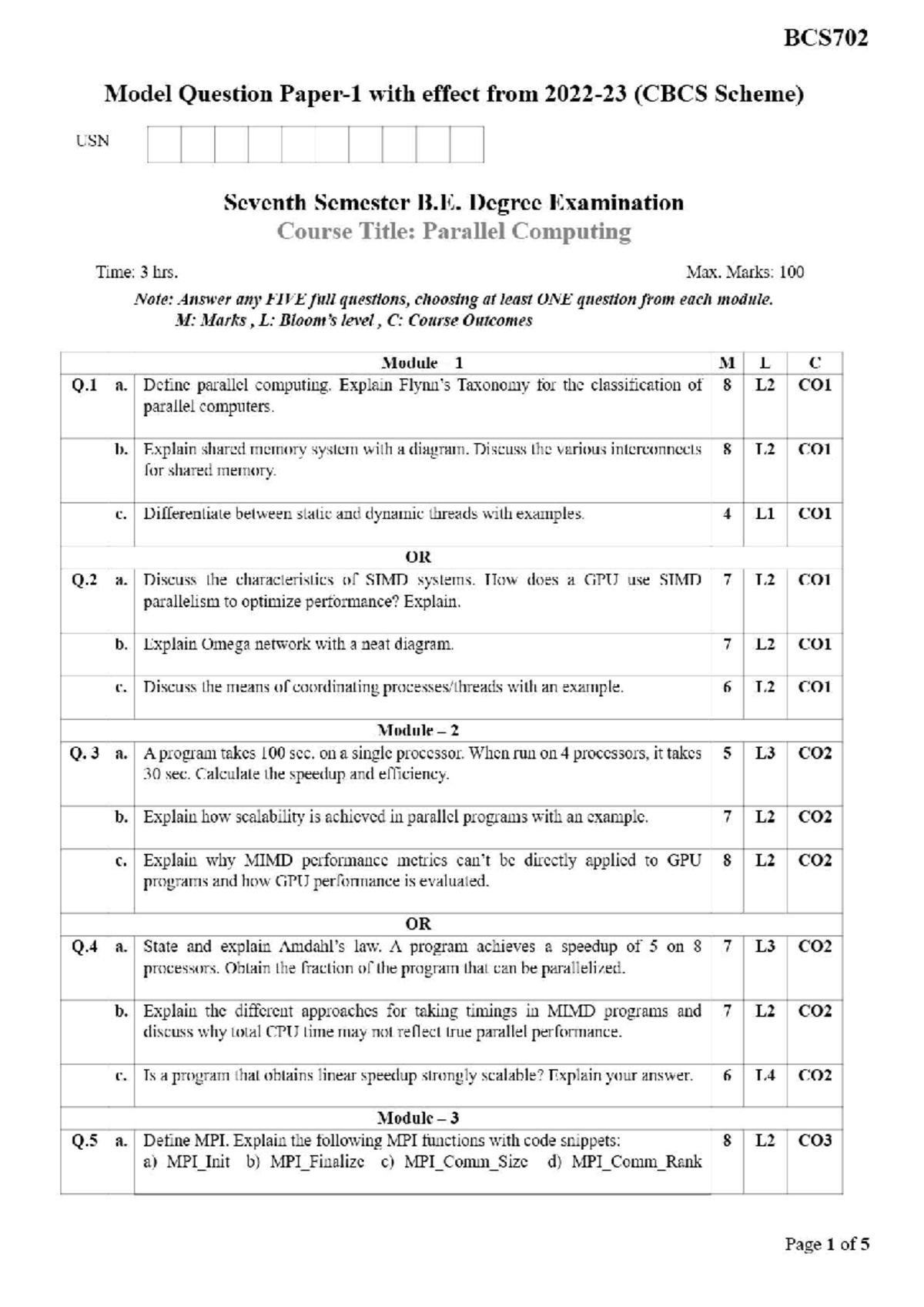 BCS702 Parallel Computing Model Question Paper - 7th Sem B.E. - Studocu