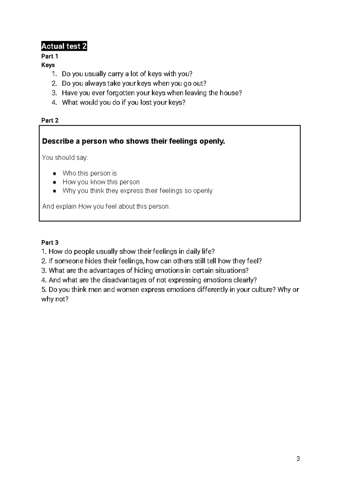 Speaking Test 2 Part 1 & 2 Keys - 290925 - MSHNDJSH - Studocu