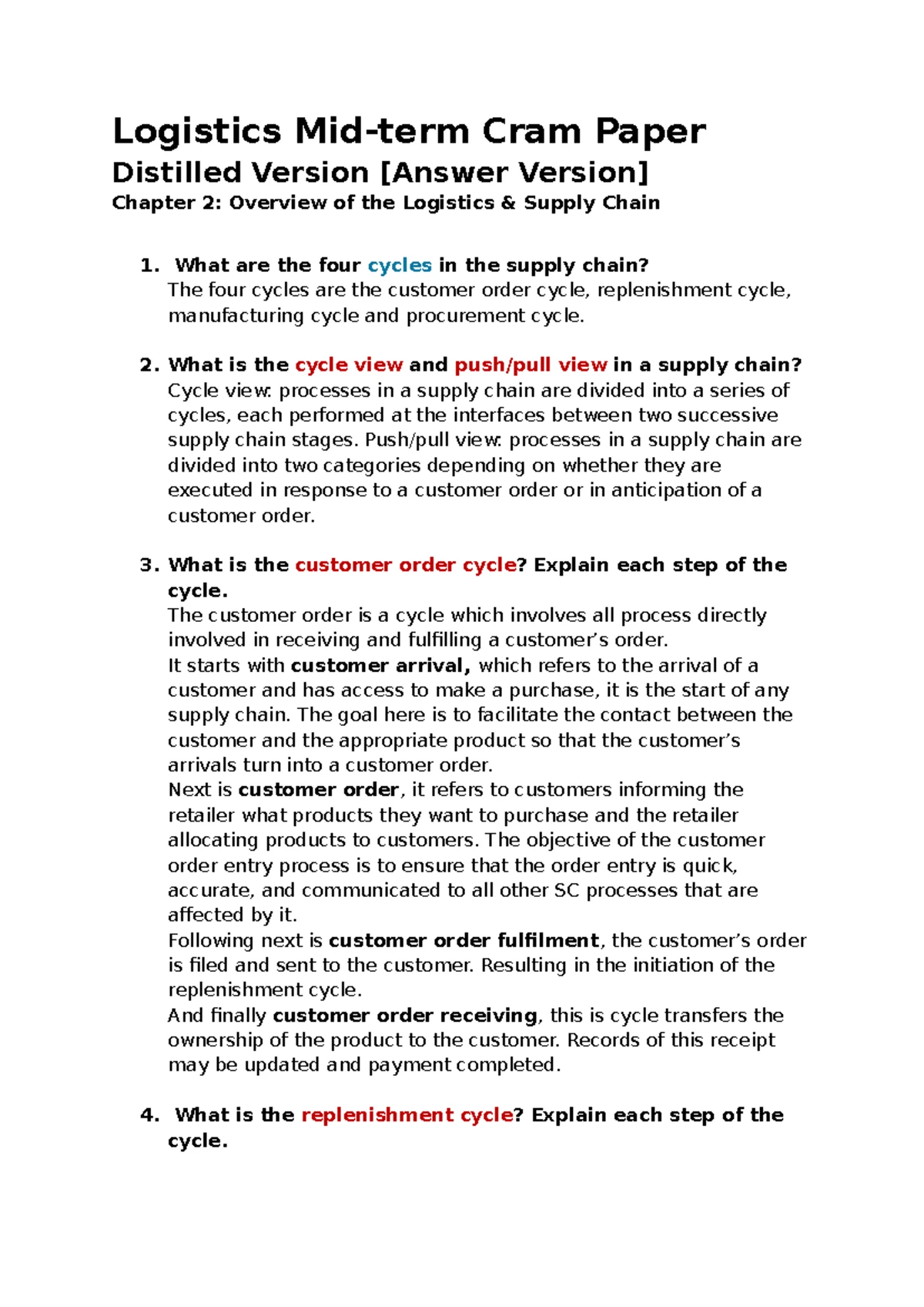 Logistics Cram Paper: Chapter 2 Overview of Supply Chain Cycles - Studocu