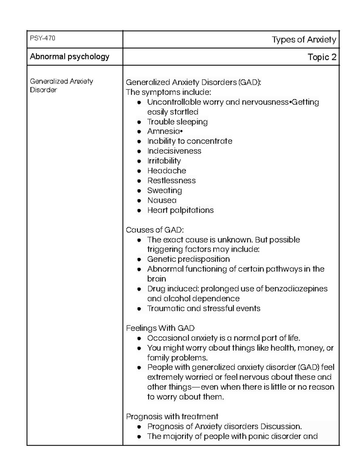 PSY-470 Abnormal Psychology Topic 2: Anxiety Disorders Notes - Studocu