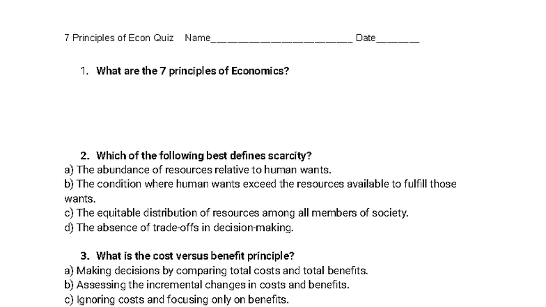 7 Principles of Economics Quiz 1: Key Concepts and Definitions - Studocu