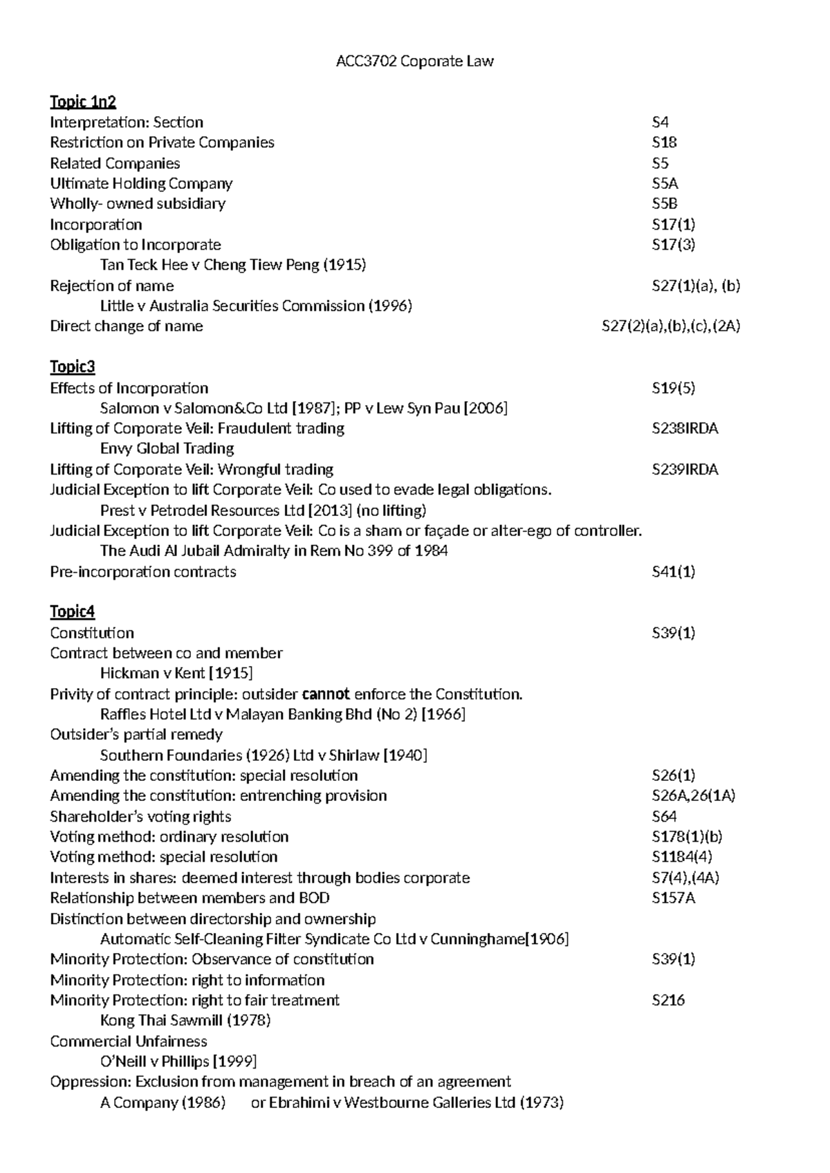 ACC3702 Corporate Law Reference Notes: Topics 1-6 Overview - Studocu
