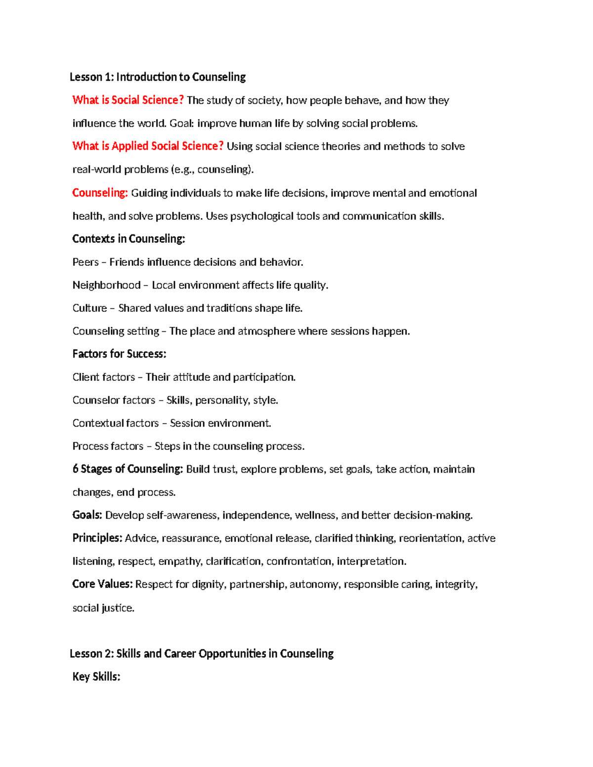 Lesson 1: Intro to Counseling & Social Science Concepts - Studocu