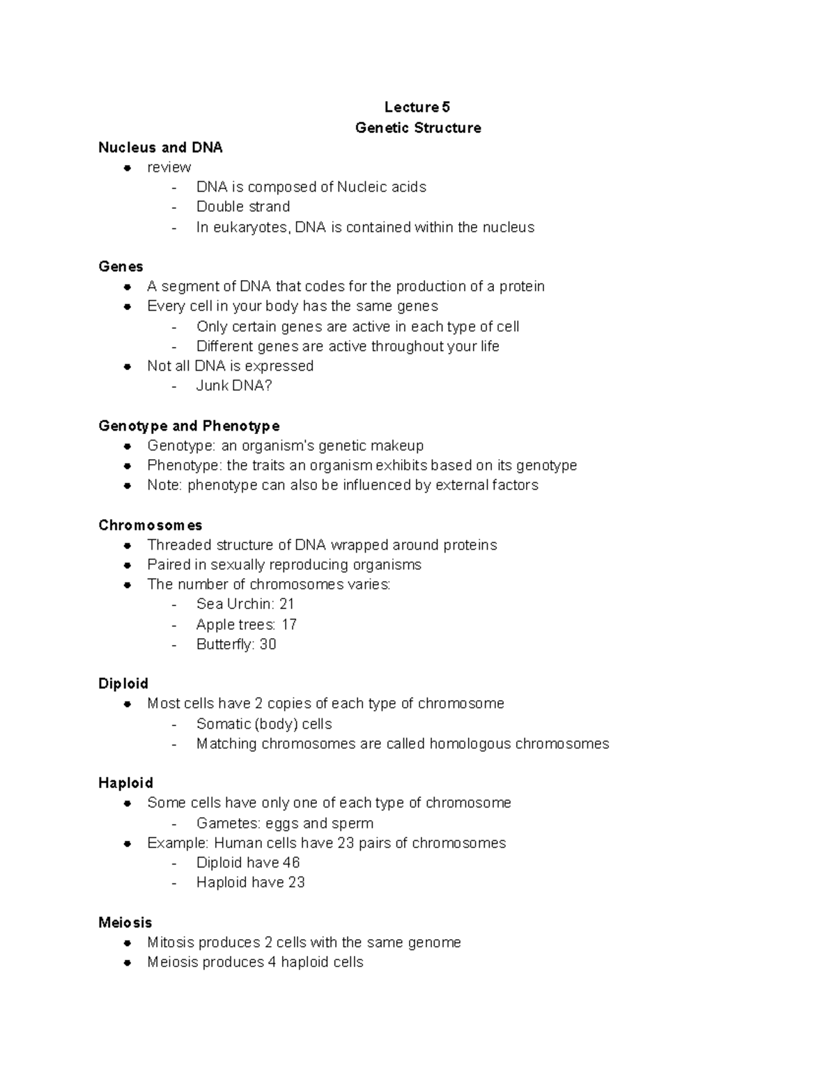 Genetic Structure: Lecture 5 Notes on DNA, Genes, and Chromosomes - Studocu