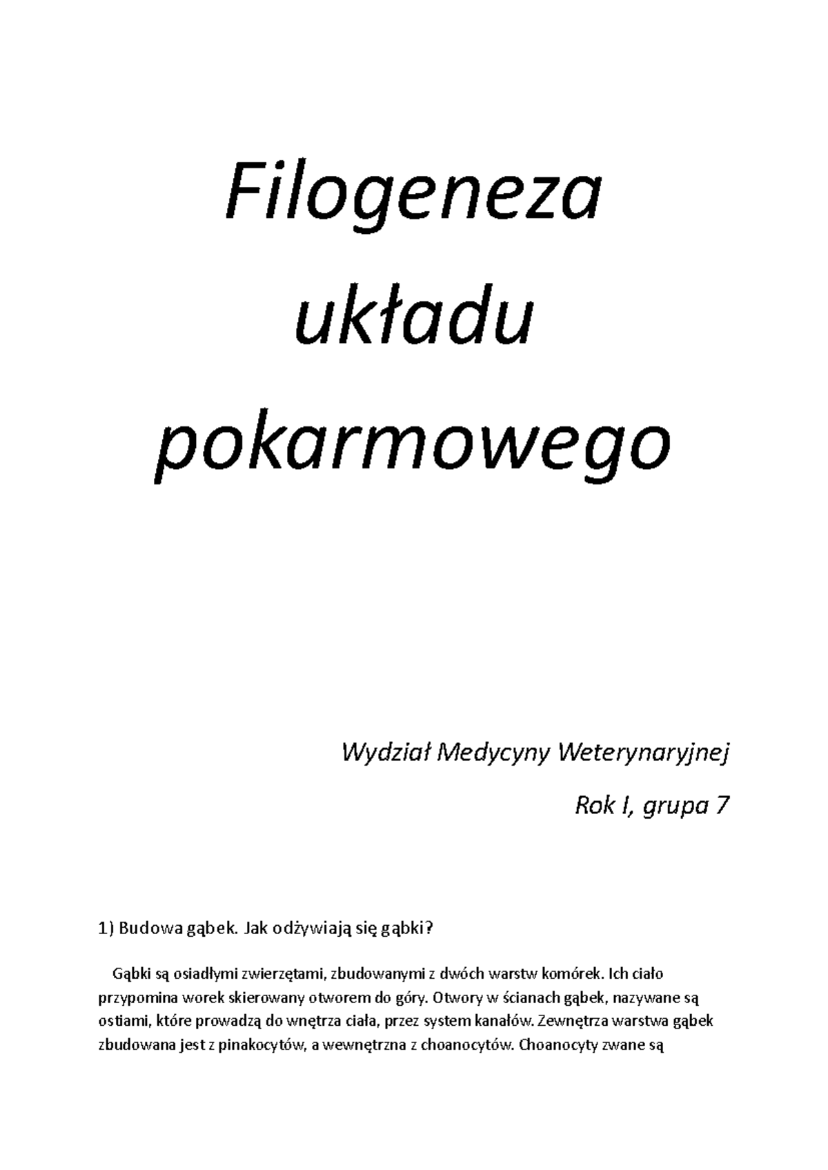 Filogeneza układu pokarmowego - Biologia 2015 Study Notes - Studocu