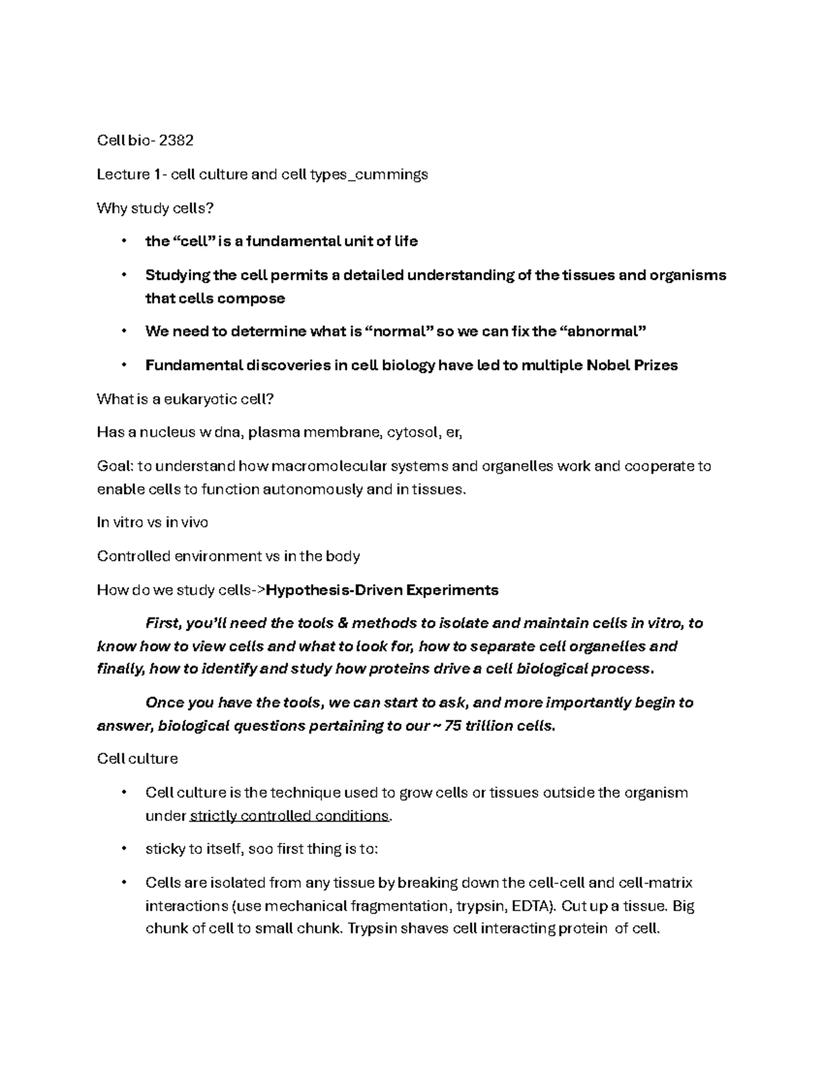 2382 Cell Biology Lecture Notes: Cell Culture & Types Overview - Studocu