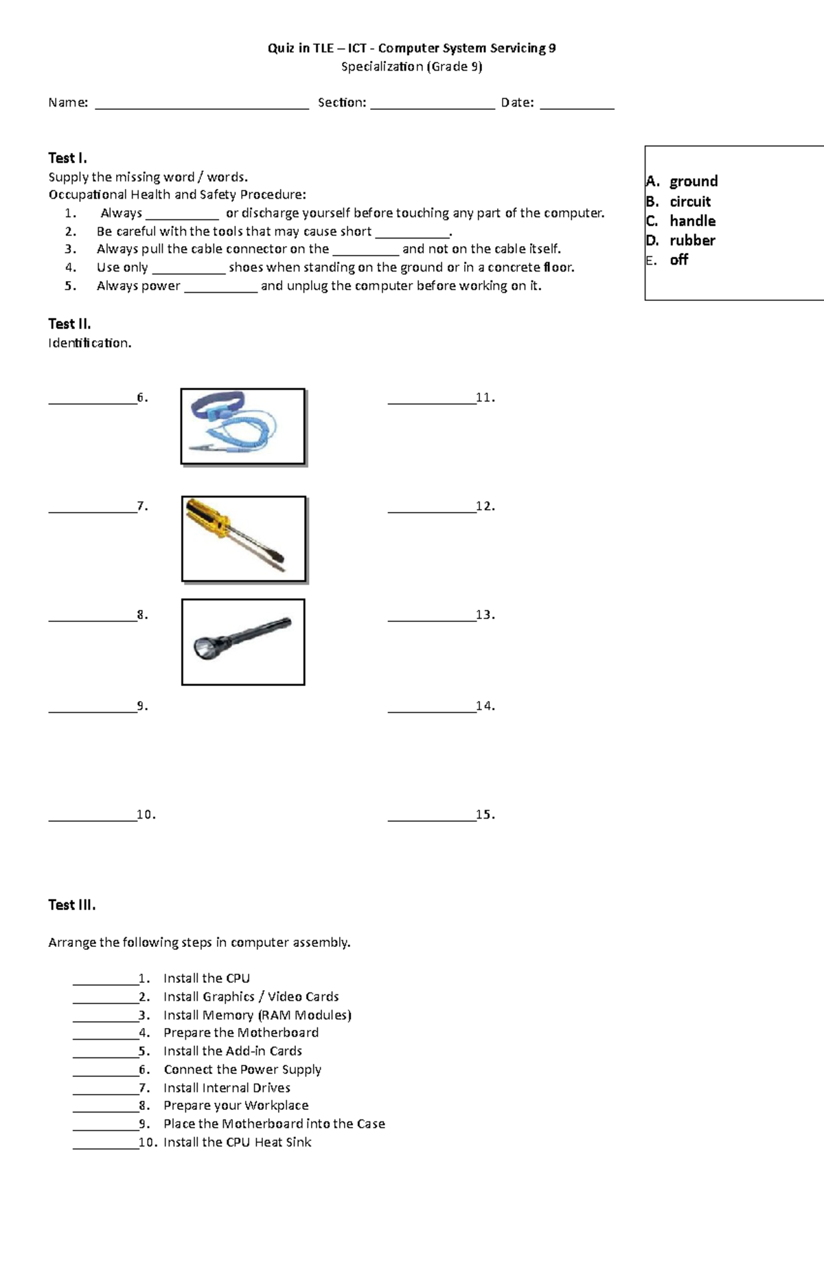 CHS-Grade-9-TLE-ICT-Computer-System-Servicing-Quiz - Studocu