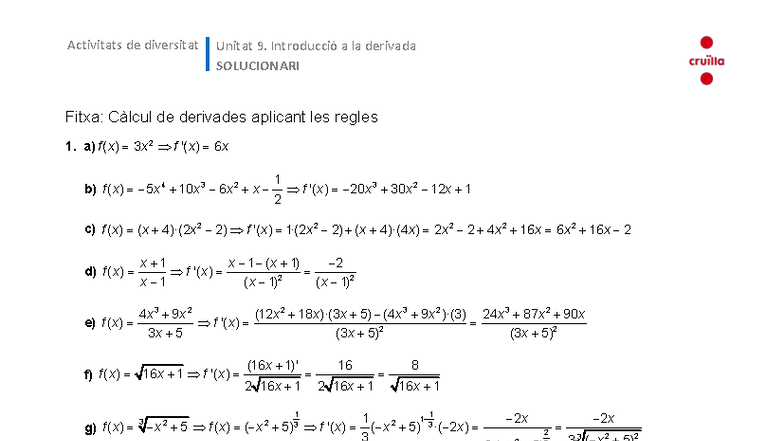 Solucions Derivades - Unitat 9: Càlcul de Derivades - Studocu
