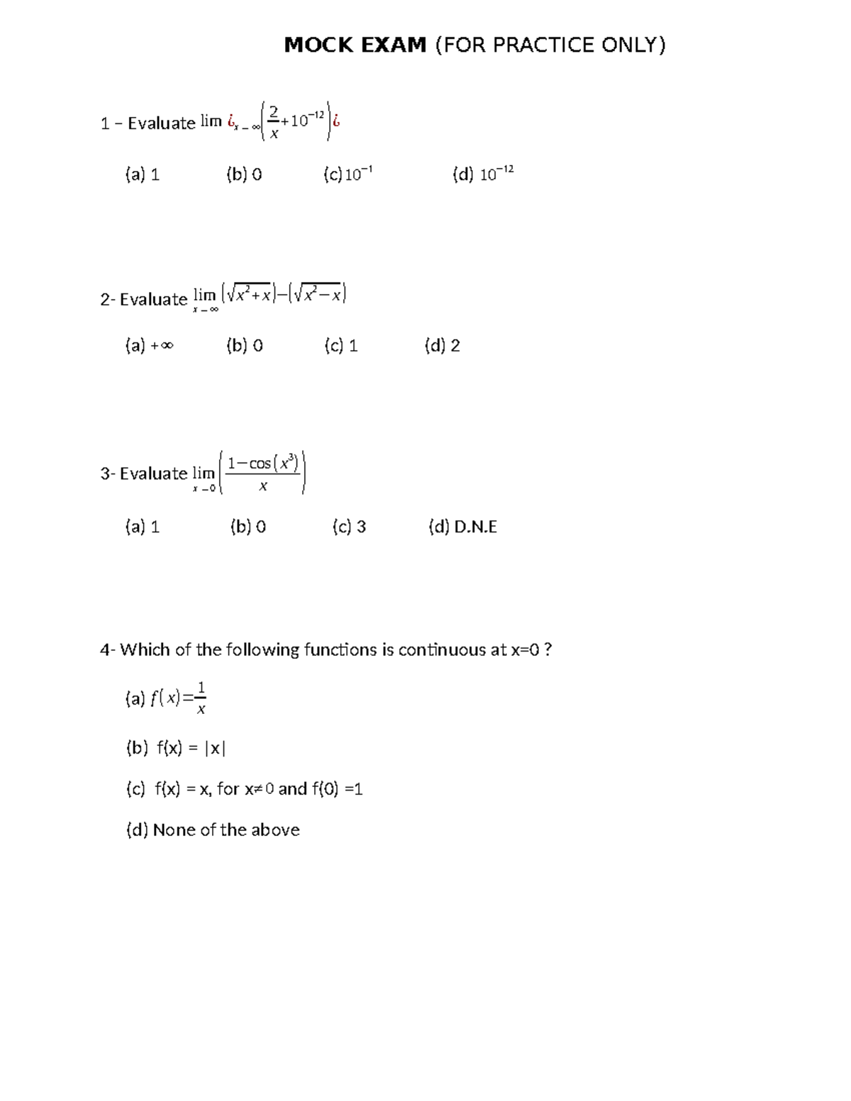 MATH1004 A - Mock Midterm Exam Practice Questions - Studocu